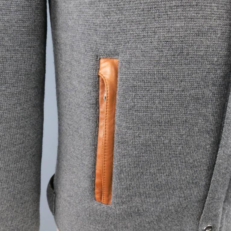 RLX by RALPH LAUREN S Grey Knitted Merino Wool Tan Leather Jacket at ...