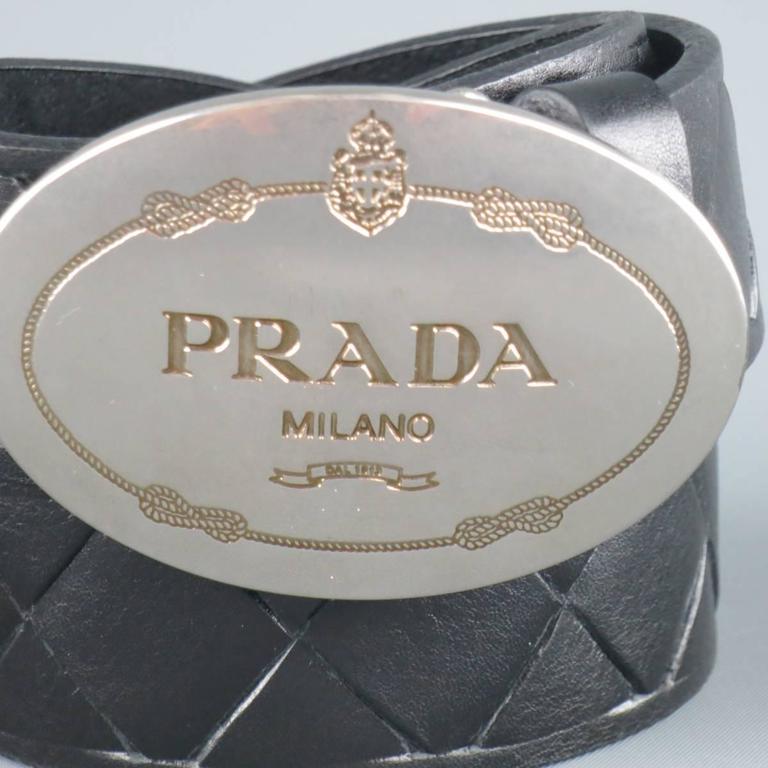 PRADA Size 42 Black Woven Leather Silver Oval Logo Buckle Belt at 1stDibs