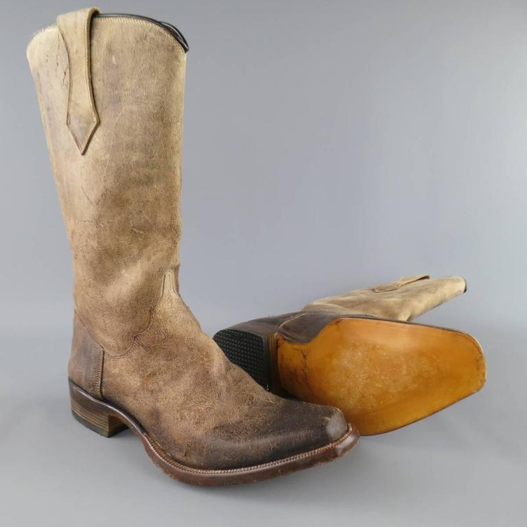 Men's BESTETTI Size 8 Taupe Distressed Leather Western Cowboy Boots at ...