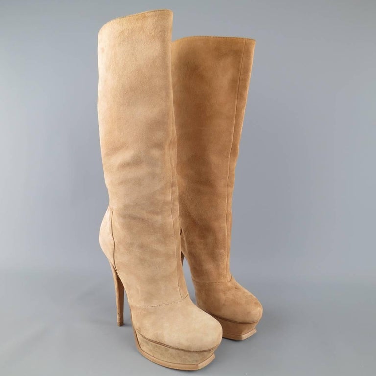 YVES SAINT LAURENT Size 7.5 Camel Suede TRIBUTE Platform Calf Boots For ...