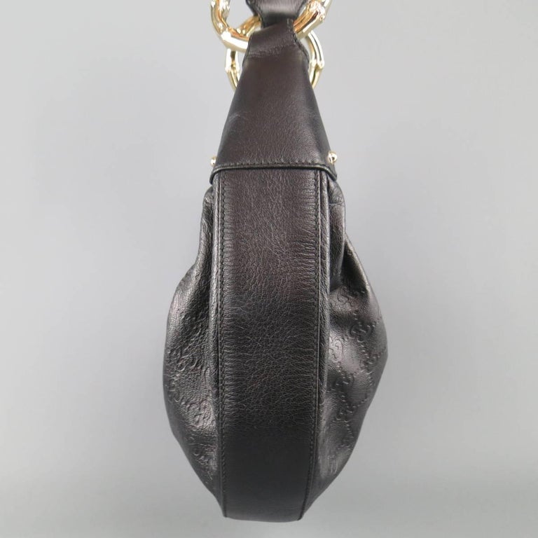 GUCCI Black Monogram Embossed Leather Gold Bamboo Handle Hobo Handbag ...