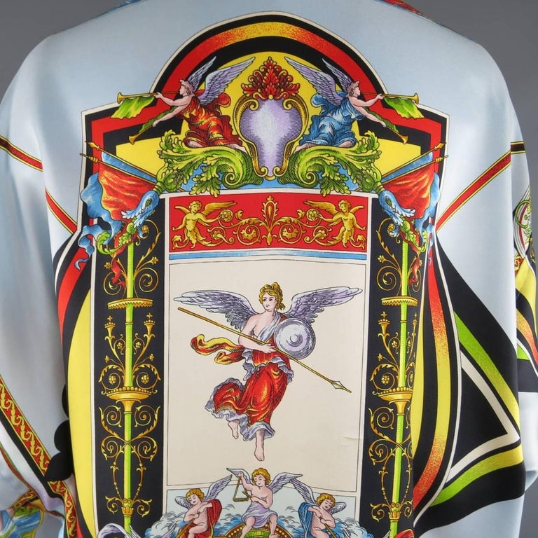 1990s GIANNI VERSACE Size L Light Blue Baroque Angel Print Silk Blouse ...