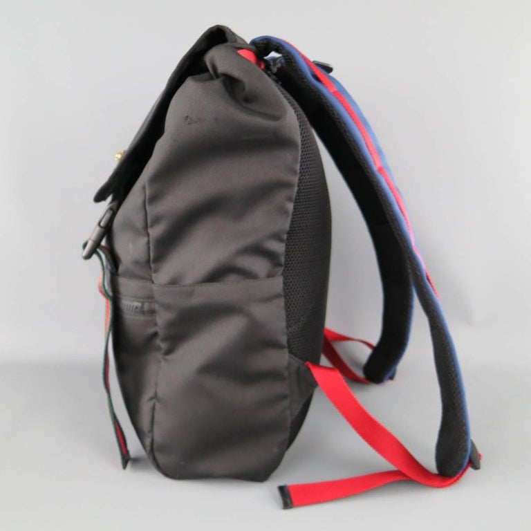 GUCCI Black Nylon Striped Webbing Gold Lion Head Techpack Backpack at ...