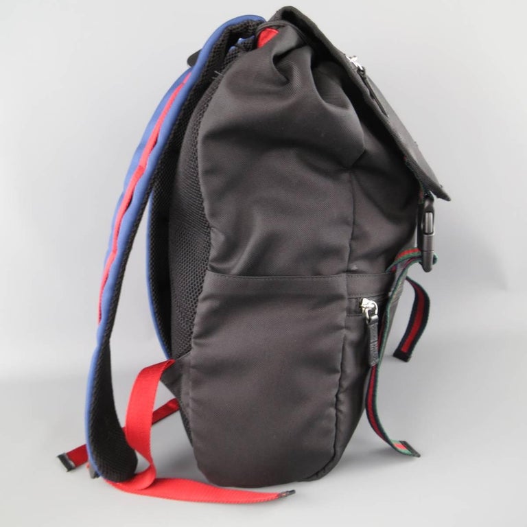 GUCCI Black Nylon Striped Webbing Gold Lion Head Techpack Backpack at ...