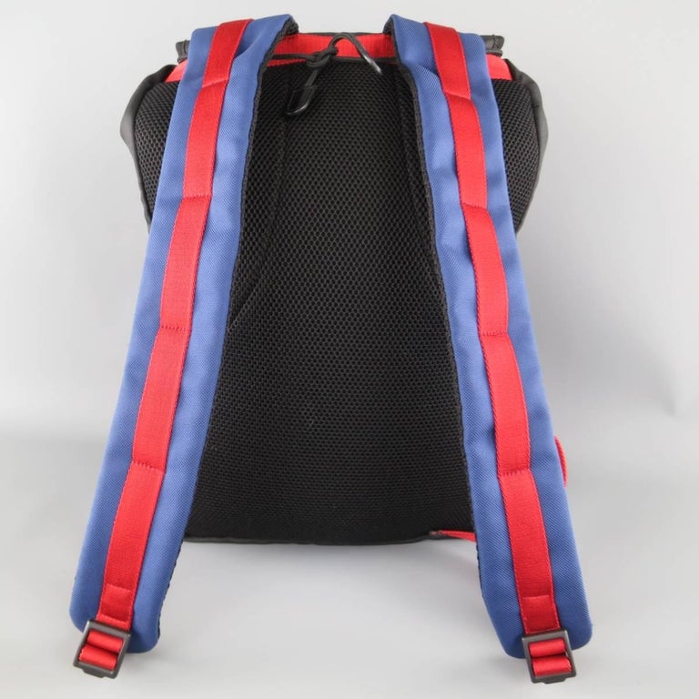 GUCCI Black Nylon Striped Webbing Gold Lion Head Techpack Backpack at ...