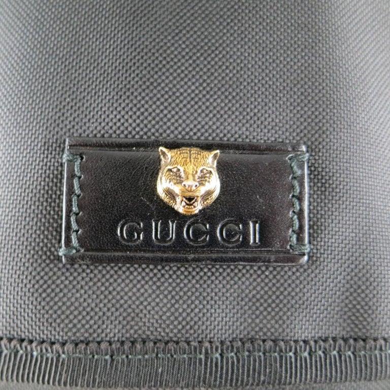 GUCCI Black Nylon Striped Webbing Gold Lion Head Techpack Backpack at ...