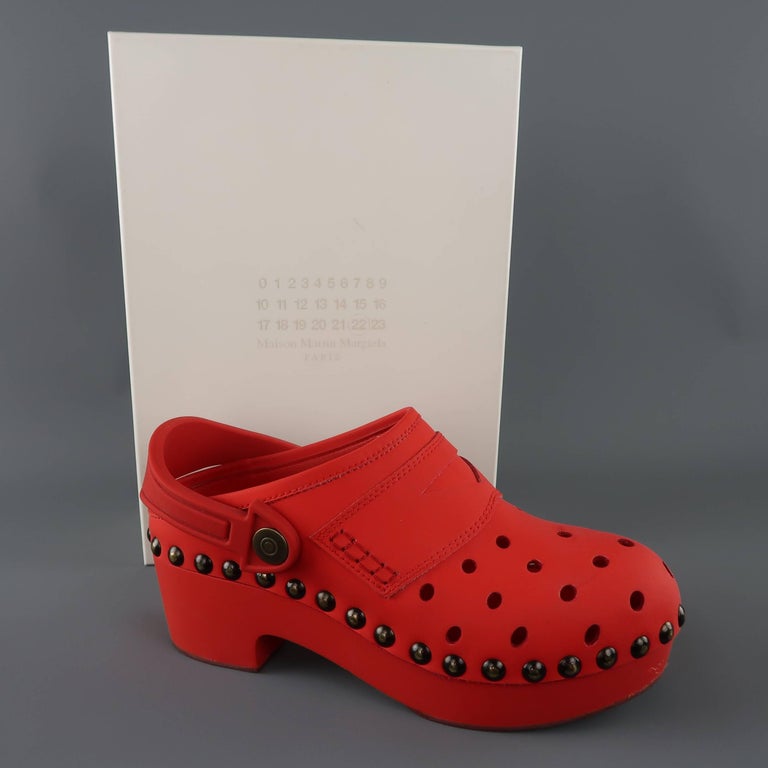 MAISON MARTIN MARGIELA Size 8 Red Perforated Leather Platform Clogs at ...