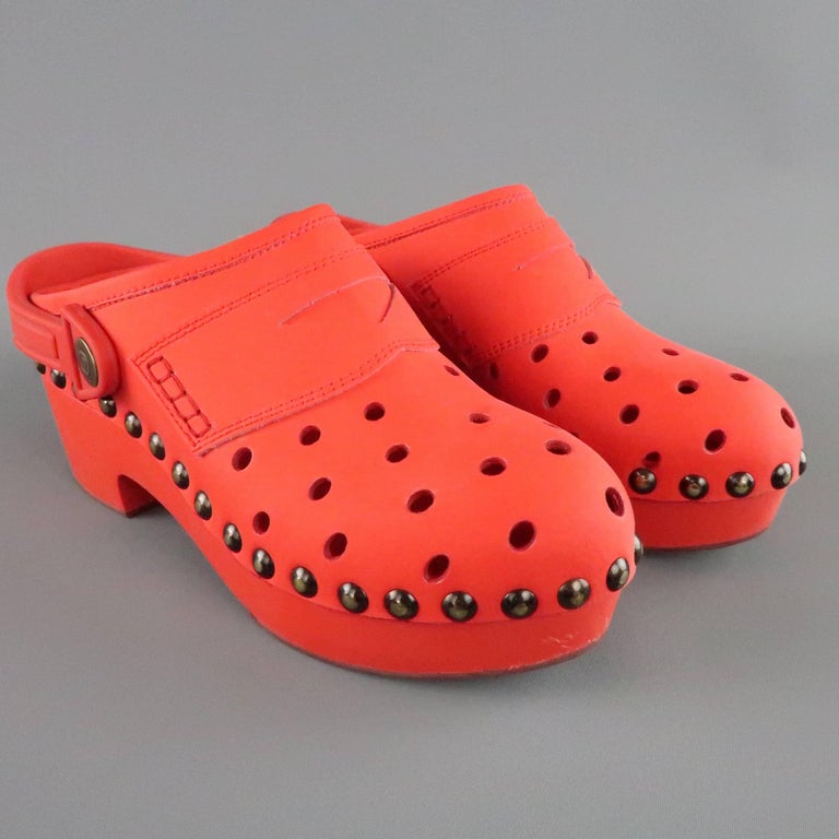 MAISON MARTIN MARGIELA Size 8 Red Perforated Leather Platform Clogs at ...