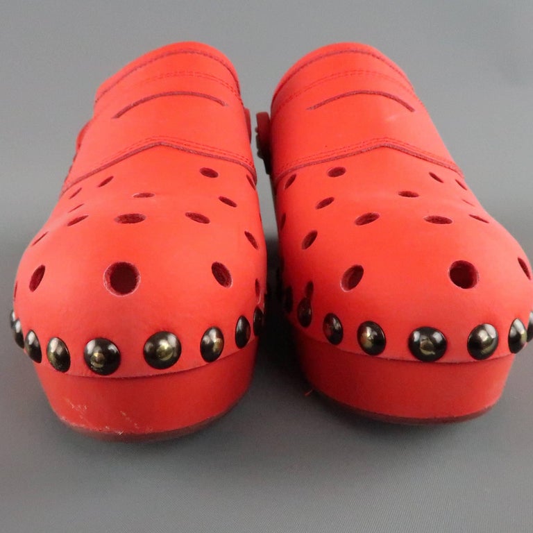 MAISON MARTIN MARGIELA Size 8 Red Perforated Leather Platform Clogs at ...