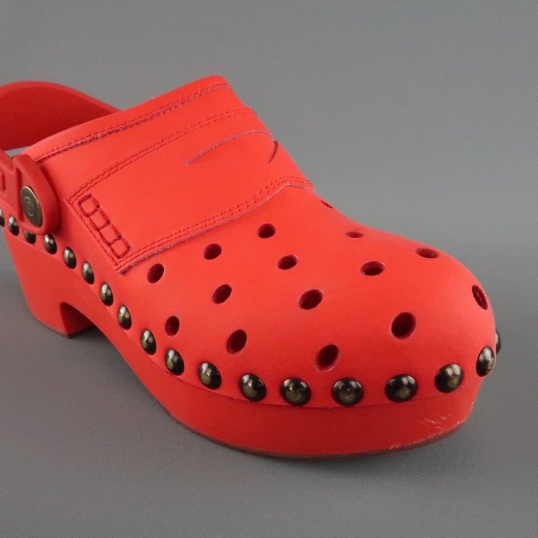 MAISON MARTIN MARGIELA Size 8 Red Perforated Leather Platform Clogs at ...