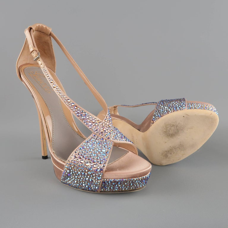 GUCCI Size 8.5 Tan Silk and Patent Leather Blue Rhinestone Sofia Etoile ...