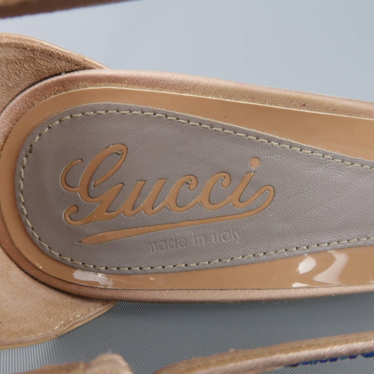 GUCCI Size 8.5 Tan Silk and Patent Leather Blue Rhinestone Sofia Etoile ...