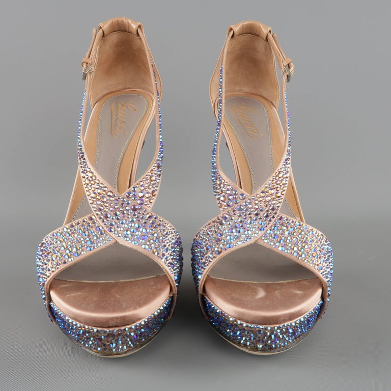 GUCCI Size 8.5 Tan Silk and Patent Leather Blue Rhinestone Sofia Etoile ...