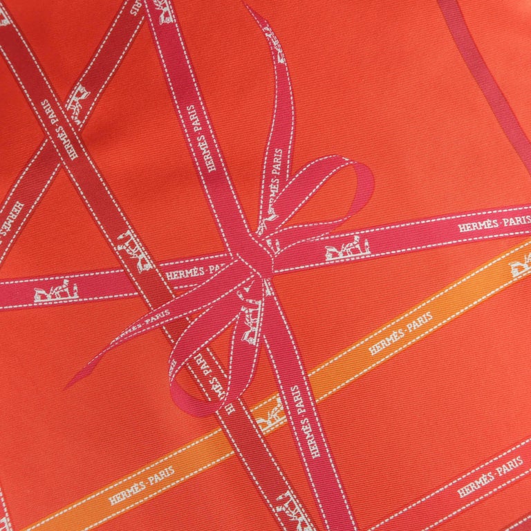 HERMES Red Bolduc Ribbon Print Silk Pocket Square at 1stDibs