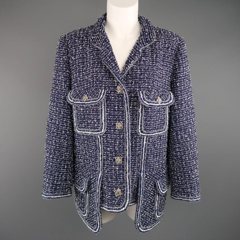 CHANEL Size 16 Navy Blue and White Boucle Tweed Layered Pocket Jacket ...