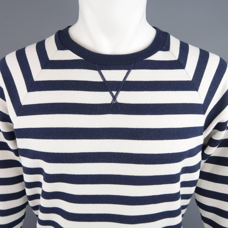 SAINT LAURENT Size L Navy and Creme Stripe Cotton French Terrycloth ...