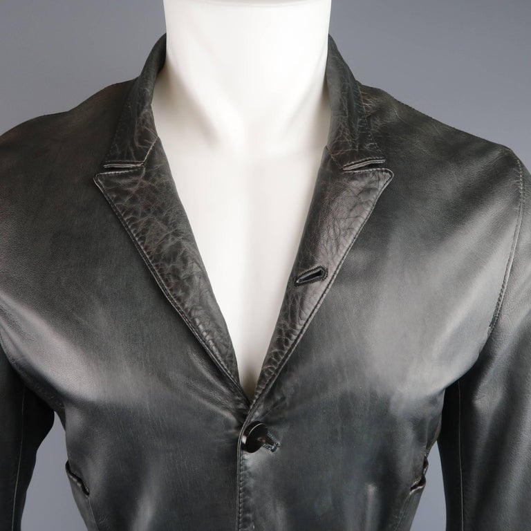UN SOLO MONDO L Charcoal Distressed Leather Peak Lapel Jacket at ...