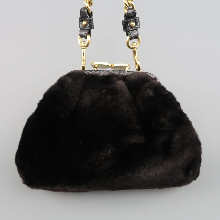 Marc Jacobs Black Mink Fur Gold Kiss Lock Chain Purse Handbag at ...