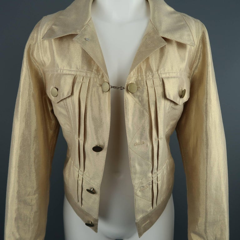 MARC JACOBS Size 8 Metallic Gold Linen Pleated Trucker Jacket at 1stDibs