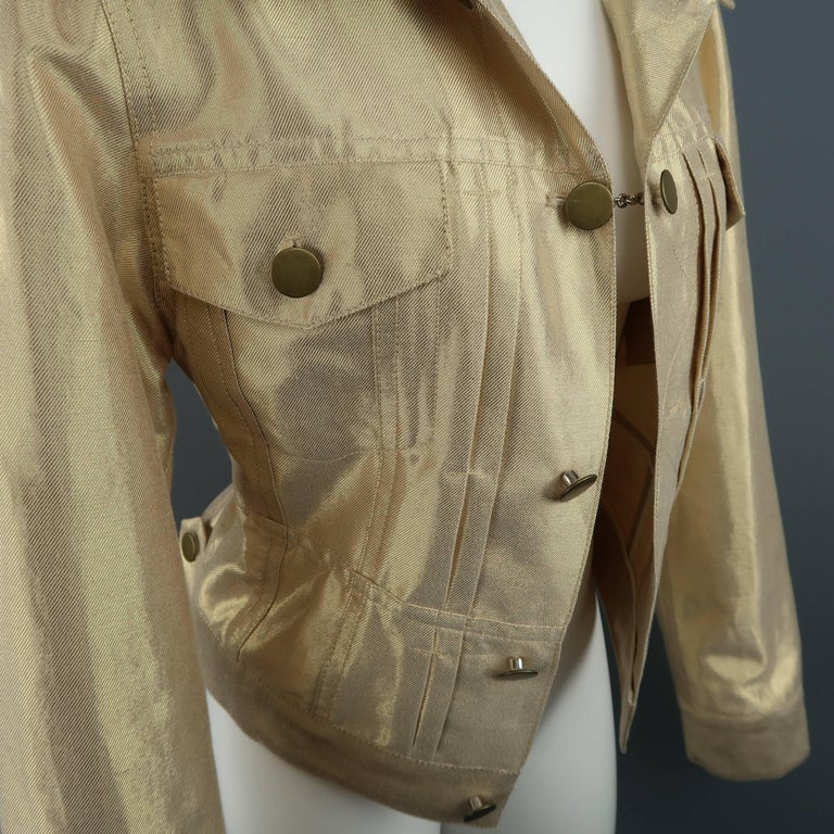 MARC JACOBS Size 8 Metallic Gold Linen Pleated Trucker Jacket at 1stDibs
