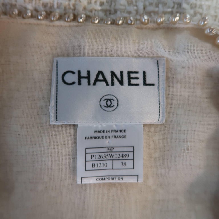 Chanel Cream Cotton Blend Tweed Pearl Piping Coat Jacket, Spring 1999 ...