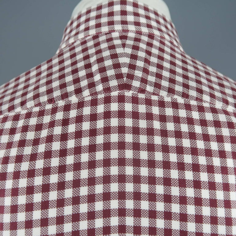 Men's HERMES Size M Burgundy and White Gingham Cotton Long Sleeve Shirt ...
