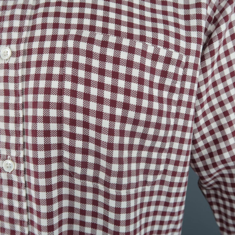Men's HERMES Size M Burgundy and White Gingham Cotton Long Sleeve Shirt ...