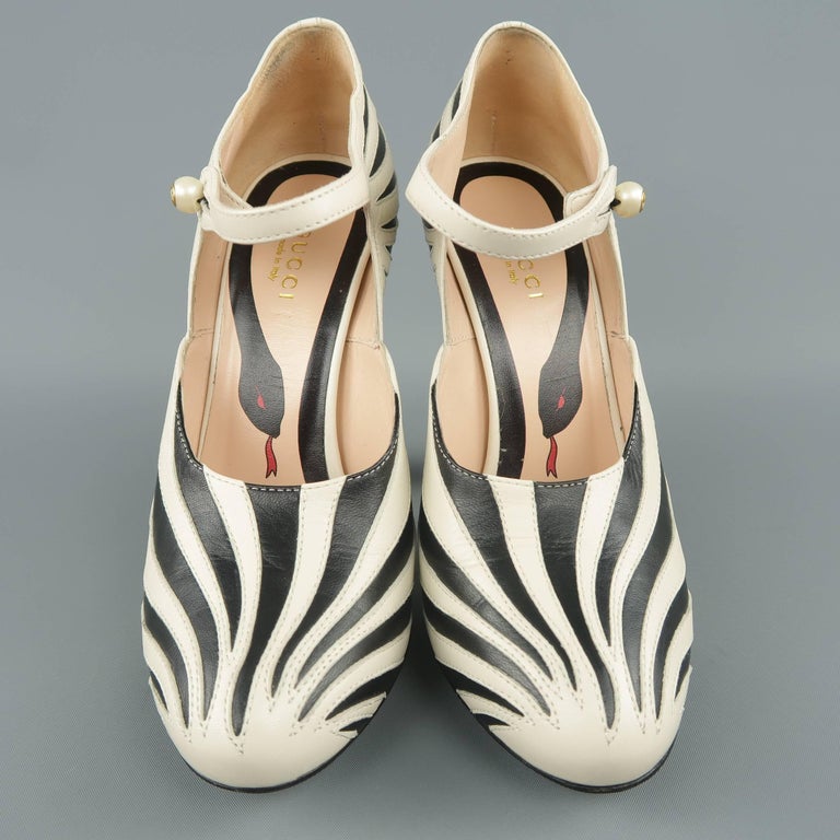GUCCI Size 6 Black and Beige Leather LESLEY Zebra Mary Jane Pumps For ...
