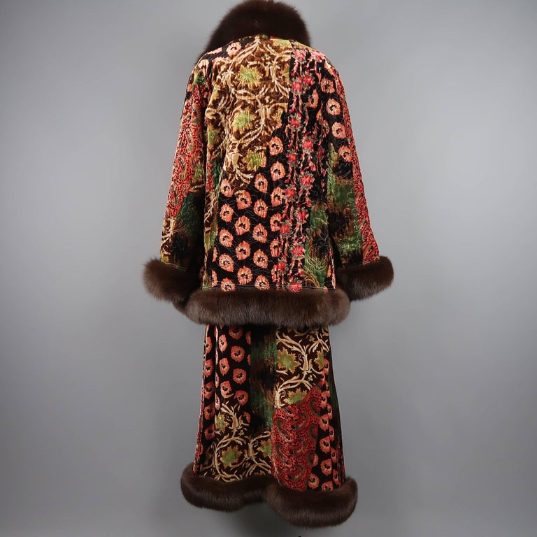 Oscar de la Renta Quilted Floral Paisley Velvet Fox Fur Trim Ensemble ...