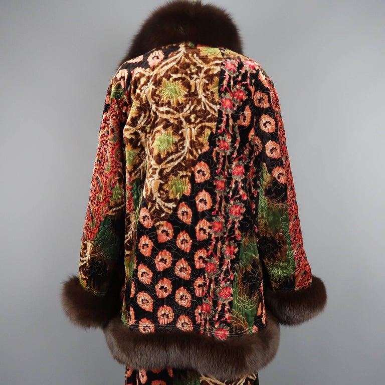 Oscar de la Renta Quilted Floral Paisley Velvet Fox Fur Trim Ensemble ...