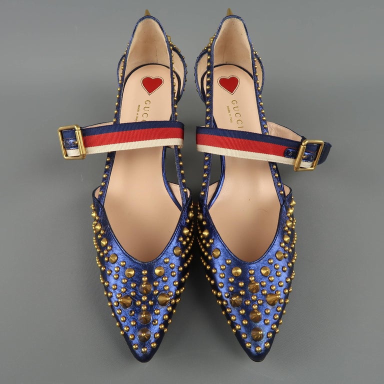 Gucci Blue Metallic Spiked Leather UNIA Strap Kitten Heels at 1stDibs ...