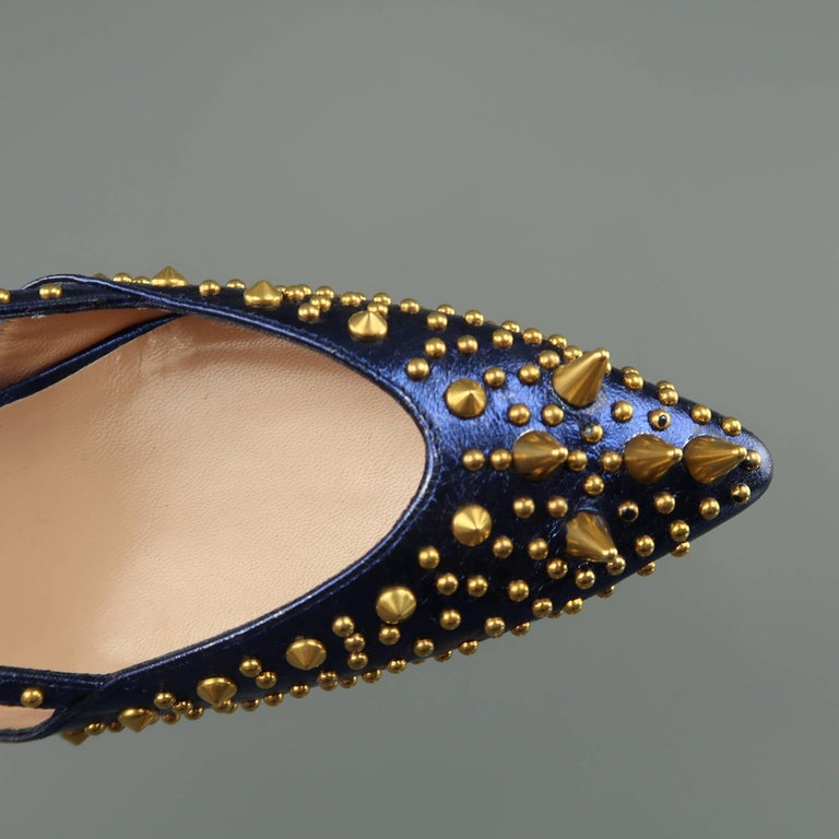 Gucci Blue Metallic Spiked Leather UNIA Strap Kitten Heels at 1stDibs ...
