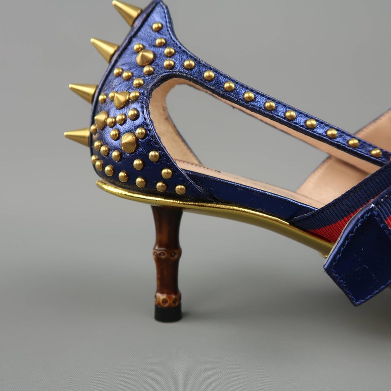 Gucci Blue Metallic Spiked Leather UNIA Strap Kitten Heels at 1stDibs ...