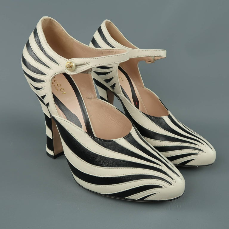 GUCCI Size 8.5 Black and Beige Leather LESLEY Zebra Mary Jane Pumps at ...