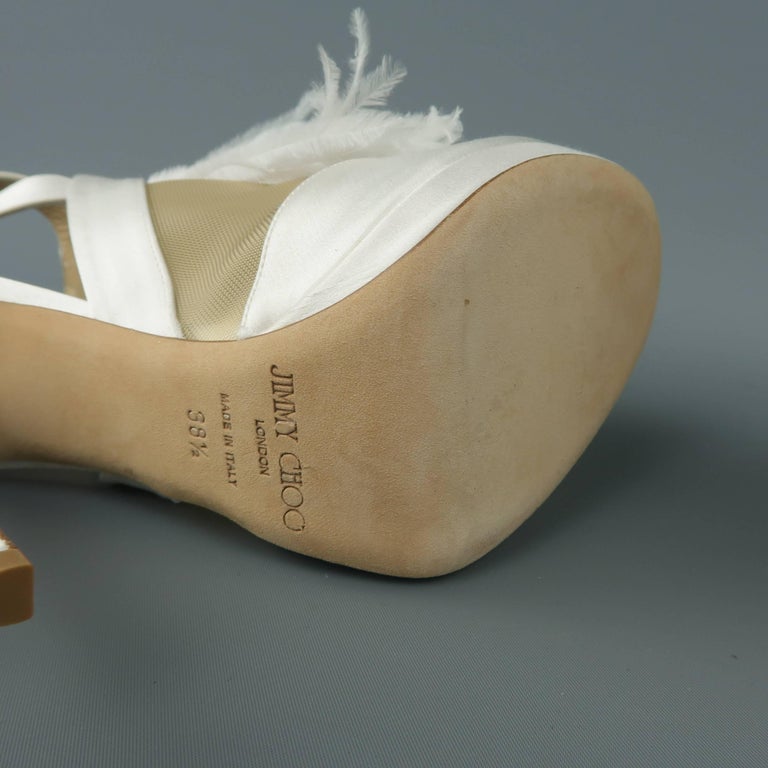 JIMMY CHOO Size 8.5 White Silk / Leather Ostrich Feather Bridal Sandals ...