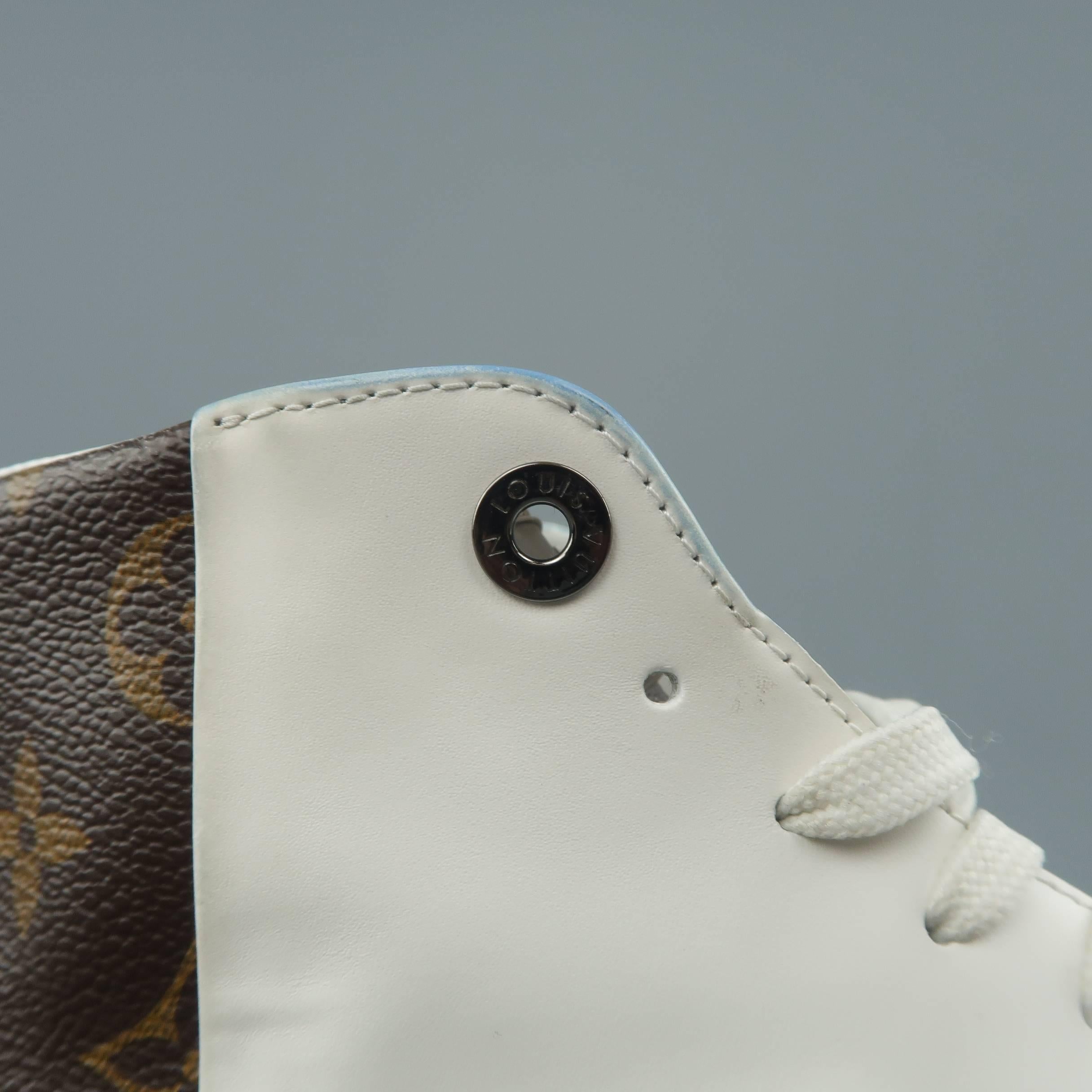 Louis Vuitton Men's White Leather Brown Monogram Canvas Heel High Tops ...