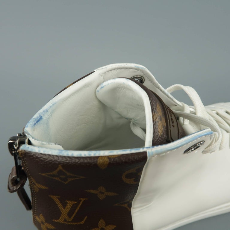 Louis Vuitton Men's White Leather Brown Monogram Canvas Heel High Tops ...