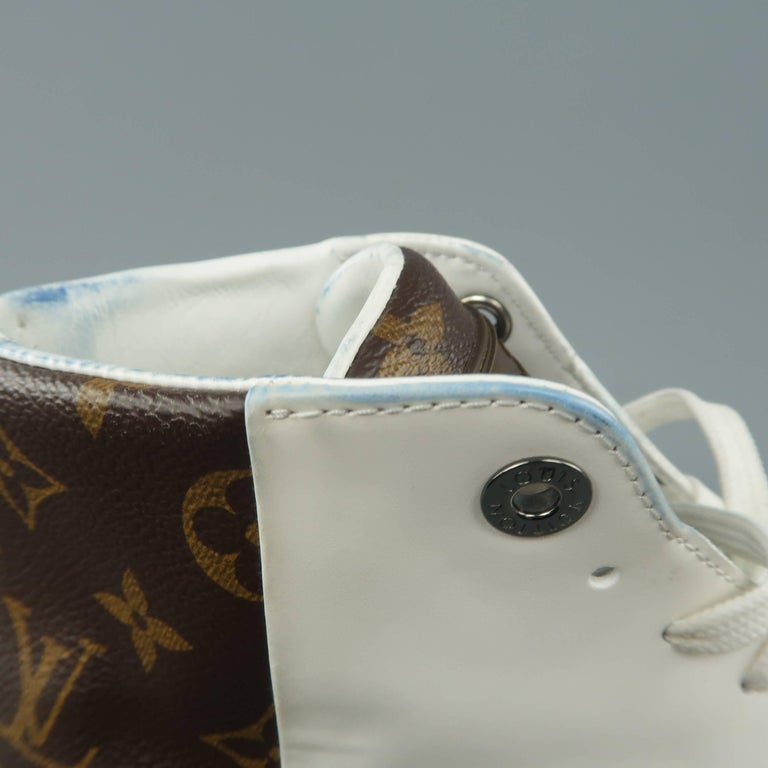 Louis Vuitton Men's White Leather Brown Monogram Canvas Heel High Tops ...