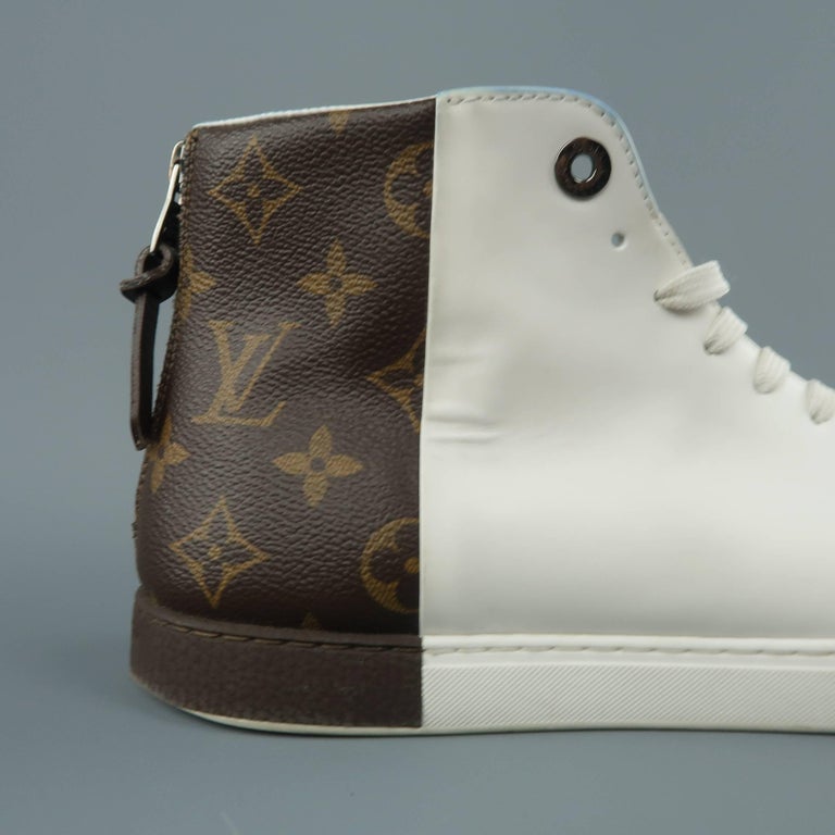Louis Vuitton Men's White Leather Brown Monogram Canvas Heel High Tops ...