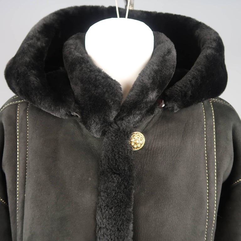 Yves Saint Laurent Coat - Vintage Black shearling Gold Hooded Jacket at ...