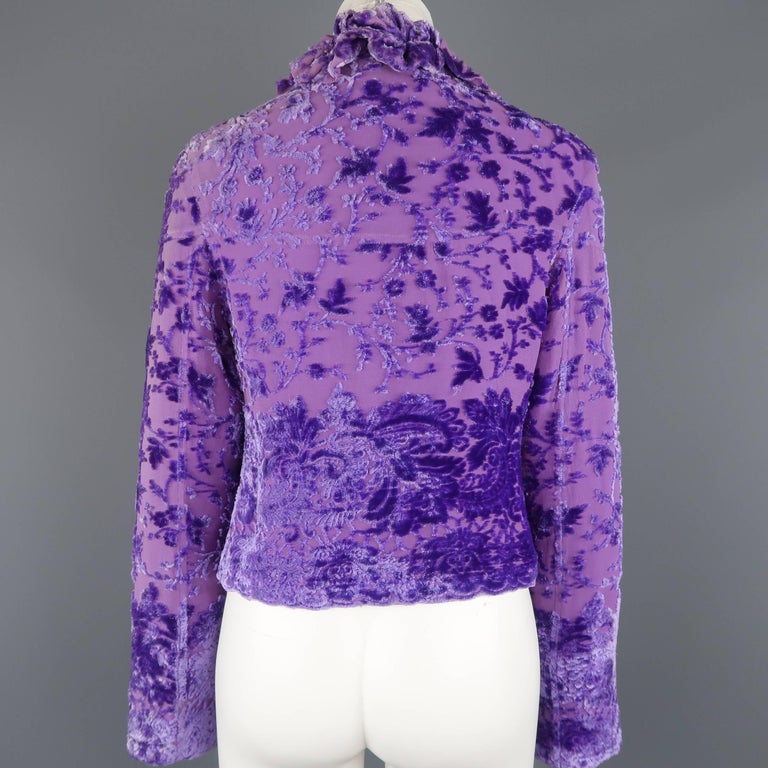 Voyage Purple Velvet Damask Burnout Silk Ruffle Trim Jacket at 1stDibs