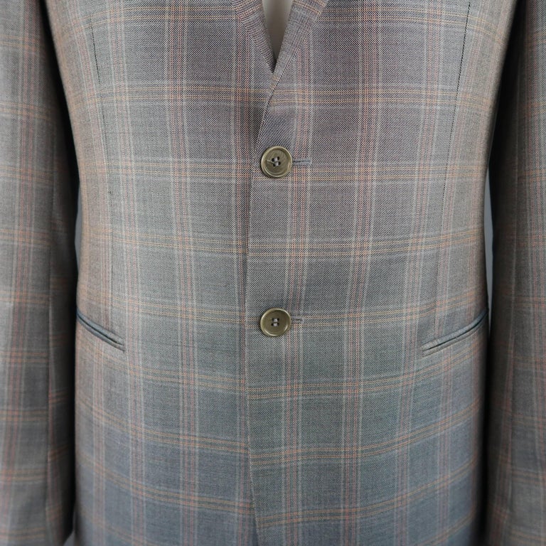 Men's GIORGIO ARMANI 42 Long Grey and Orange Window Pane Wool / Silk ...