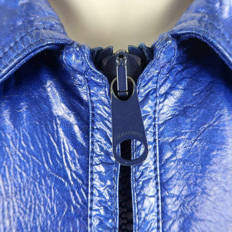 Dior Homme Mens Blue Metallic Leather Bomber Jacket Coat, Spring 2009 ...