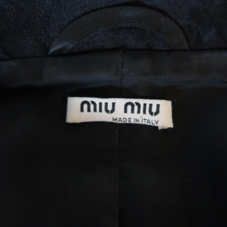 MIU MIU Size 6 Black Silk Blend Damask Ribbon Trim Double Breasted Pea ...