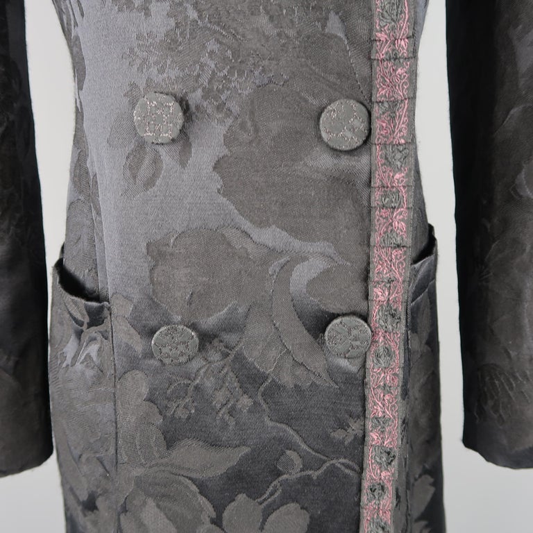 MIU MIU Size 6 Black Silk Blend Damask Ribbon Trim Double Breasted Pea ...