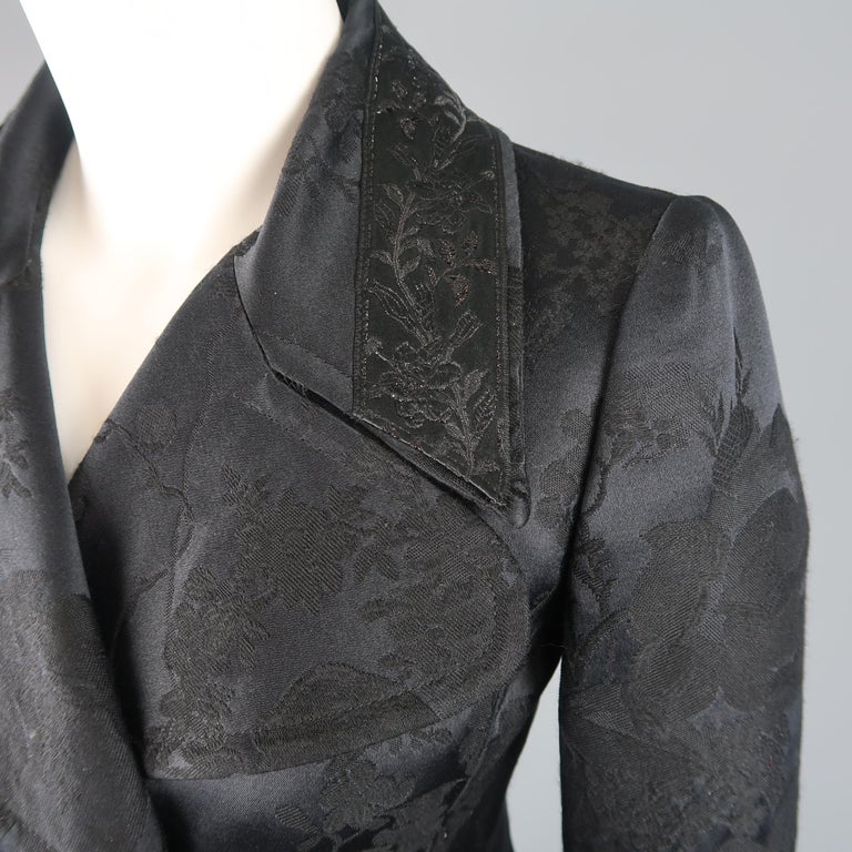 MIU MIU Size 6 Black Silk Blend Damask Ribbon Trim Double Breasted Pea ...