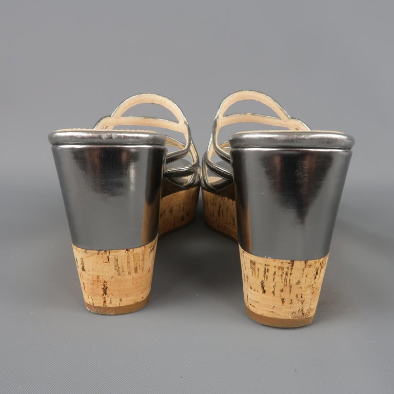 PRADA Size 10 Metallic Silver Leather Cork Wedge Platform Sandals at ...