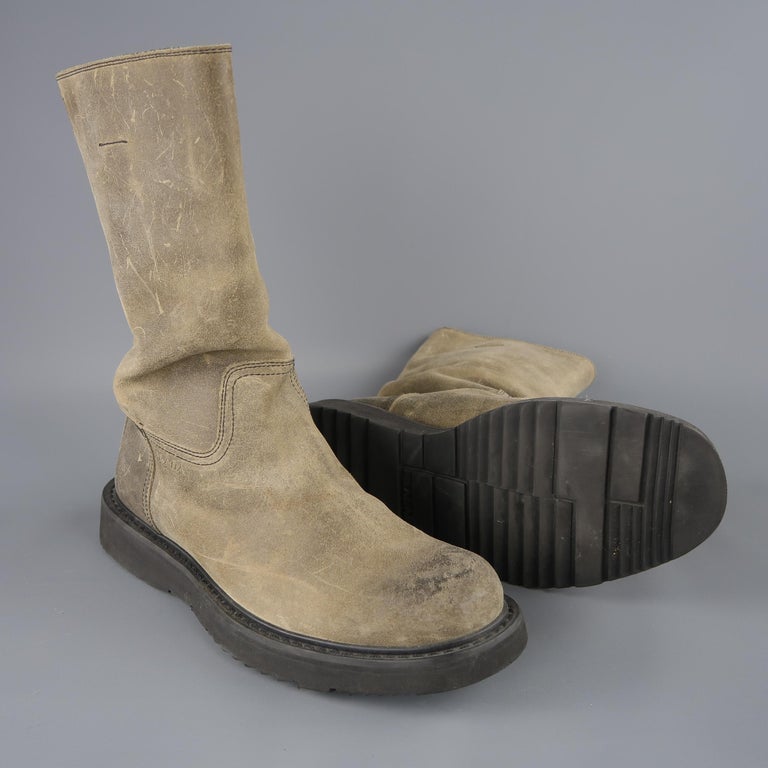 Prada Beige Distressed Suede Rubber Sole Calf Boot / Shoes at 1stDibs