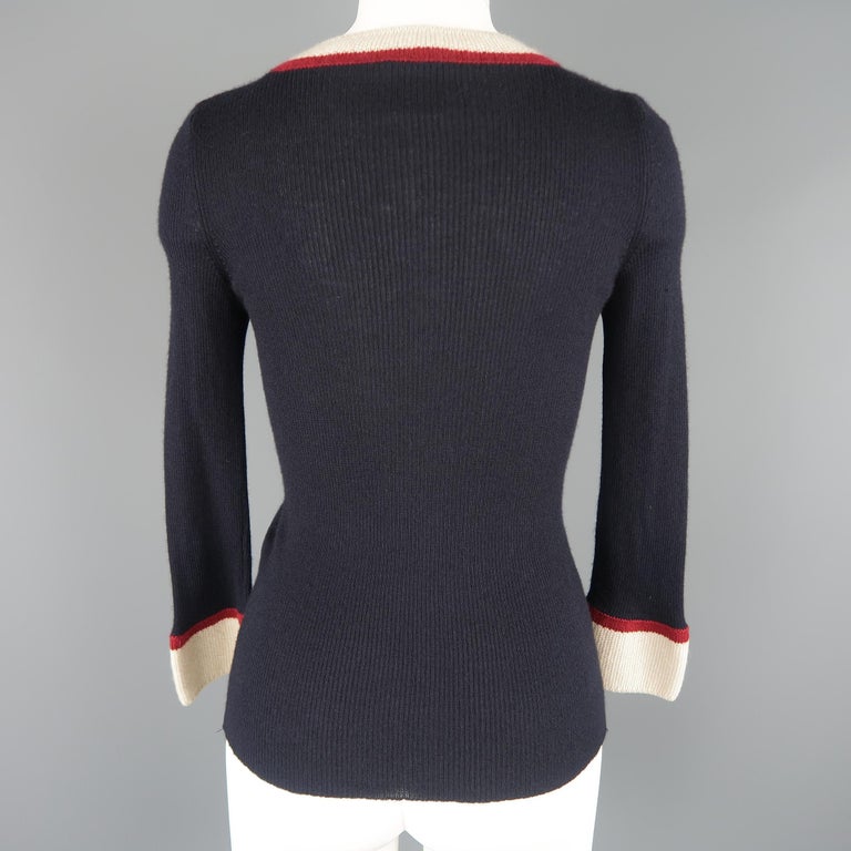 Chanel Navy Khaki and Burgundy Stripe Trim Cashmere / Silk Pullover For ...