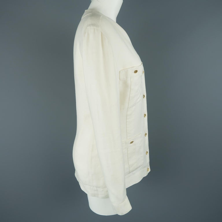 Chanel Cream Linen V Neck Patch Pocket Jacket For Sale at 1stDibs